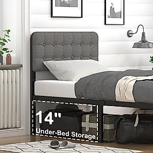 EMODA 16 Inch Twin Size Bed Frames with Upholstered Headboard and Metal Footboard, Heavy Duty Metal Slats Support Mattress Foundation, No Box Spring Needed, Easy Assembly
