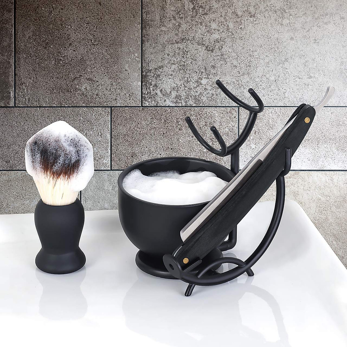 Grooming Shaving Kit for Men, Strong Brush Stand and Straight Razor,Shaving Brush,Stainless Steel Shaving Soap Bowl,For Guaranteed Best Shave of Your Life, Nice Gift for Dad, boyfriend, Husband