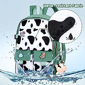 Unineovo Cow Print Kawaii Backpack with Cute Pin Accessories Plush Pendant Kawaii School Backpack Cute Aesthetic Backpack