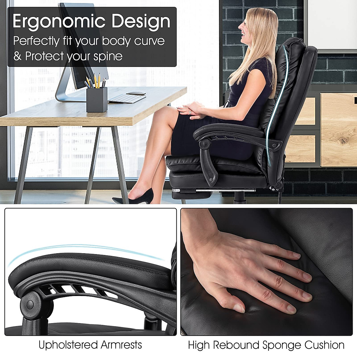 Giantex Ergonomic Office Chair with Footrest, PU Leather Reclining Chair with Padded Armrests & Soft Cushioned, Executive Office Chair, Adjustable Swivel Computer Desk Chair for Home Office, Black
