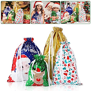 PRETYZOOM Amosfun Christmas Drawstring Gift Bags 30pcs Large Size Wrapping Upgraded Assorted Styles Santa 4 Sizes for Xmas Holiday Presents Party Favor Goody Bags with Ribbon Ties