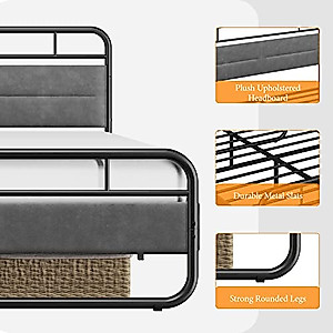 Yaheetech Queen Size Bed Frame, Heavy Duty Metal Platform Bed with Curved Upholstered Headboard, 8.7 Inch Under-Bed Storage/Steel Slat Support/Noise Free/No Box Spring Needed/Easy Assembly/Dark Grey