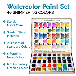 Mozart Premium Japanese Watercolor Paint Set – 40 Rich Water Color –Include Solid, Metallic & Neon Water Colors – Artist Quality– Watercolor Paint Perfect Travel Watercolor Set for Adults, Students