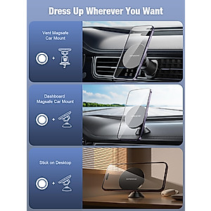 SUPERONE [2024 Upgraded] Fits MagSafe Car Mount, [Strongest Magnets] Magnetic Phone Holder for Car, 2 in 1 Stable Dashboard & Air Vent Car Phone Mount for iPhone 15 14 13 12 Pro Max