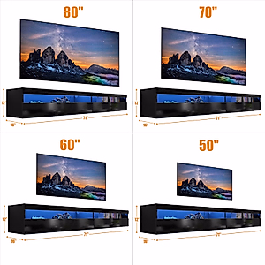 EXQUAL Modern Floating TV Stand, Black, 70.8''L x 16.3''W x 11.8''H, Wall Mounted TV Shelf with LED Lights & Power Outlet, 110 lbs Weight Capacity, for Living Room & Bedroom