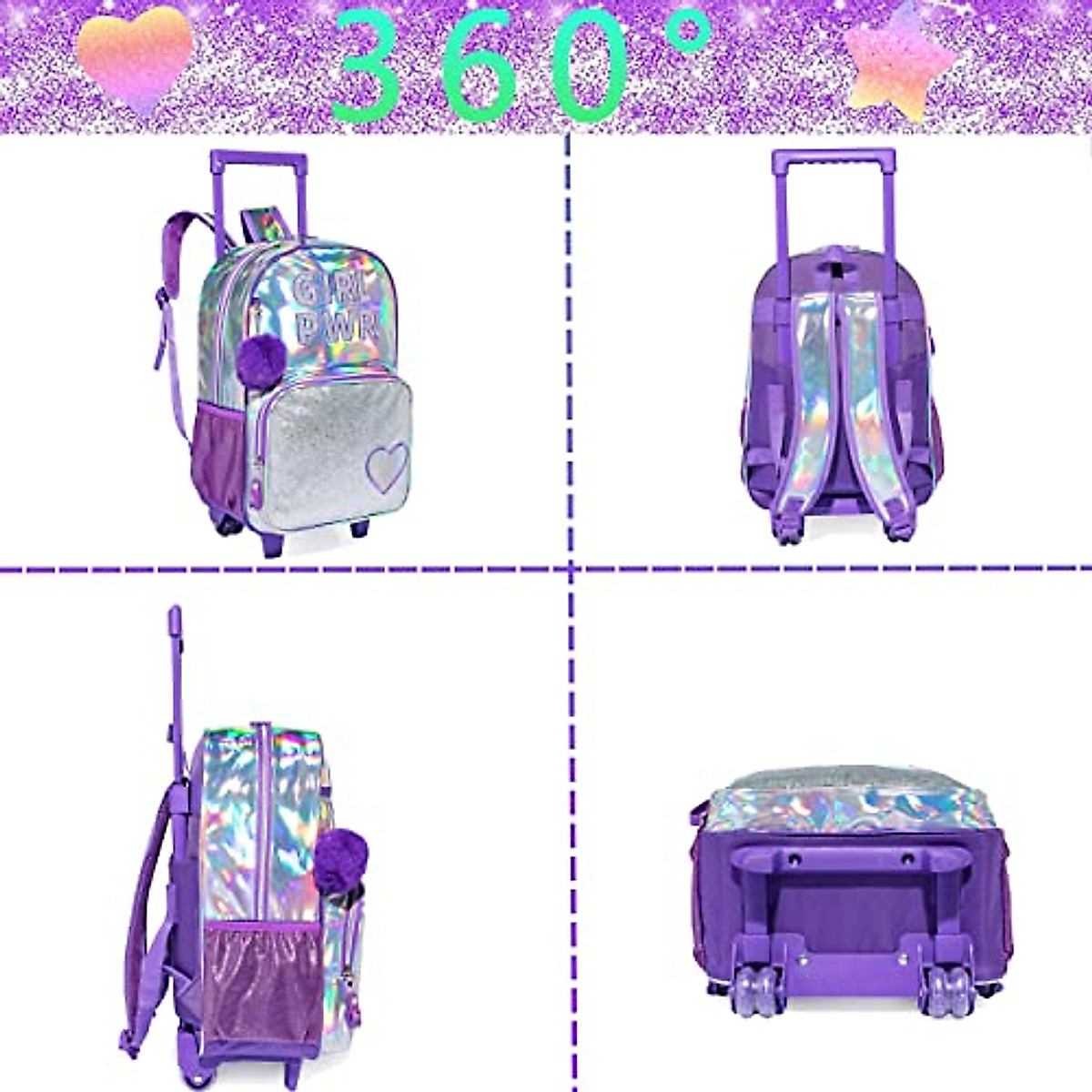HTgroce 3PCS Purple Rolling Backpack for Girls, Girls Glitter Bookbag with Roller Wheels, Kindergarten Wheeled Backpack for Girls with Lunch Box
