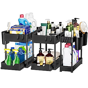 3 Pack Puricon Under Sink Organizer Pull Out Under Sink Storage, 2 Tier Multi-Purpose Sliding Under the Sink Organizer Bathroom Kitchen Sink Organizer Under Cabinet Shelf for Cleaning Supplies -Black