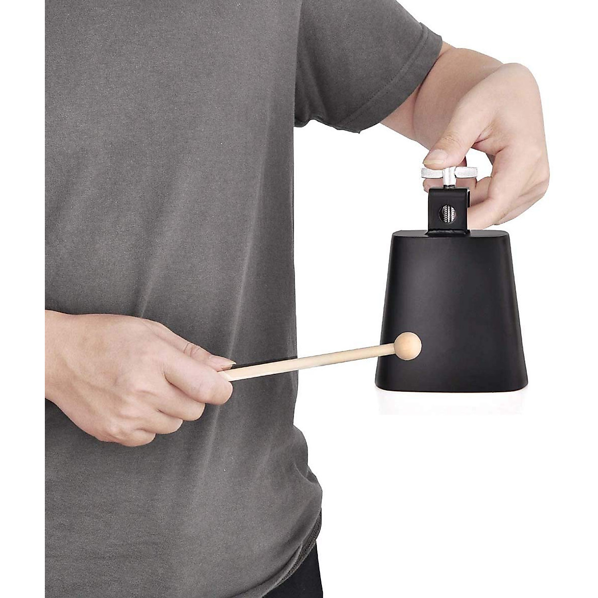 (Black) 4 Inch Metal Steel Cow Bell Noise Maker, percussion instrument with handle stick, for drum set kit percussion