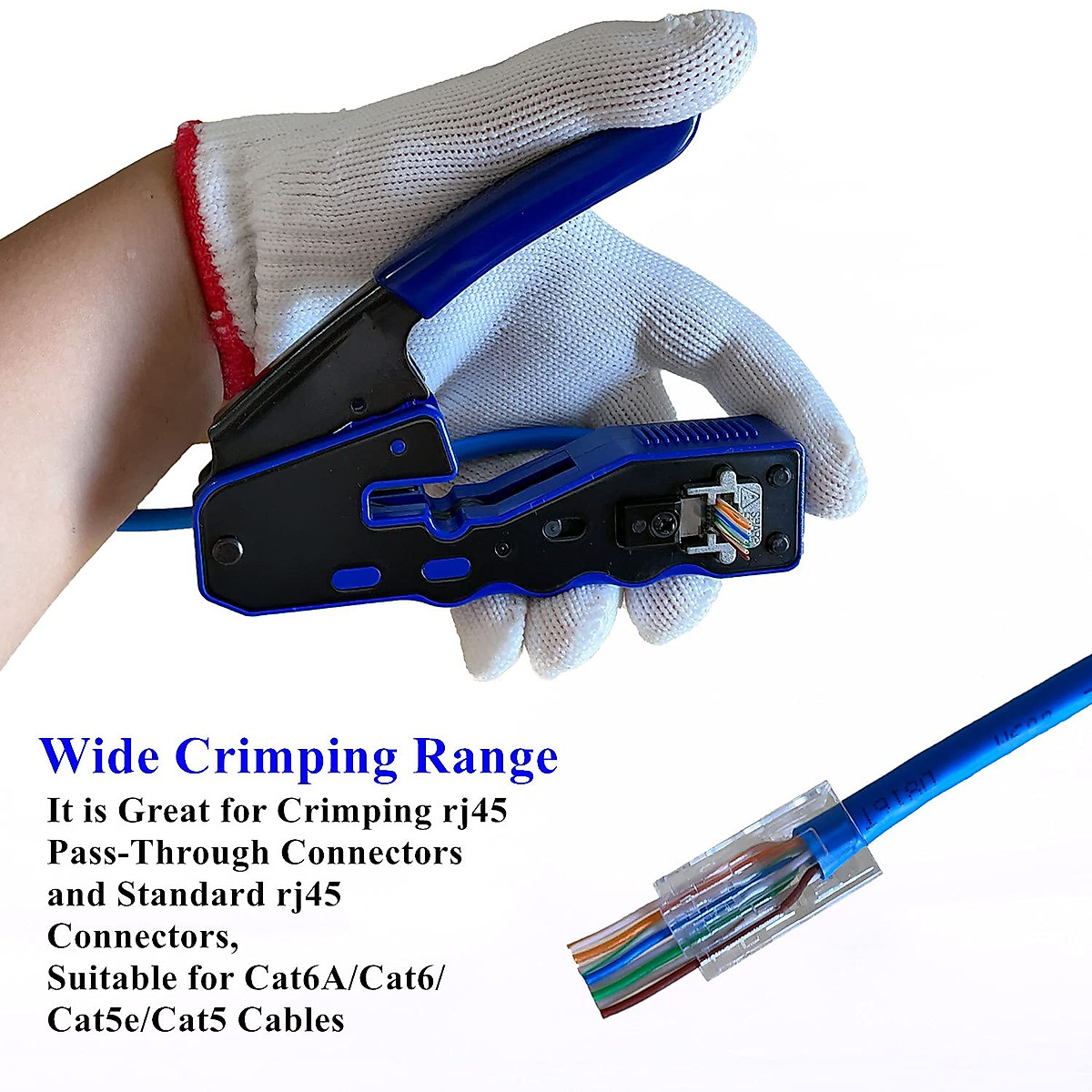 Rj45 Crimp Tool Kit Pass Through and Standard Cat6 Cat6A Cat5 Cat5e rj45 Crimping Tool with 50pcs rj45 Cat6 Pass Through Connectors, 20pcs Covers, 1 Network Cable Tester, 2 Wire Strippers, 1 Cutter