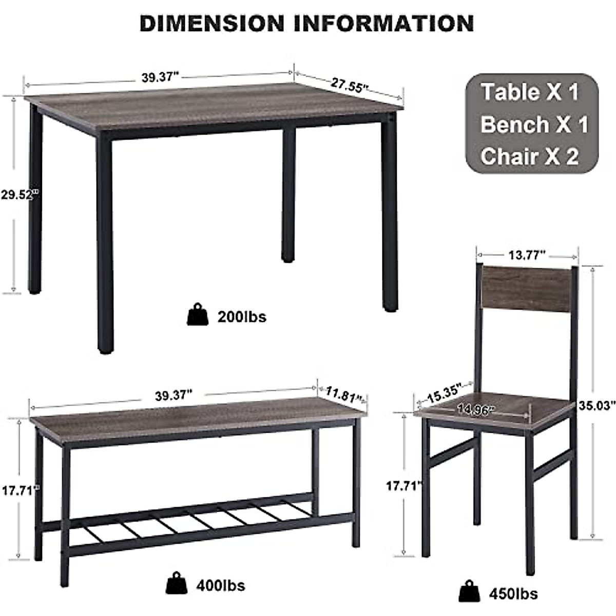 Dining Room Table Set,Kitchen Table and 2 Chairs with Bench,Wood Breakfast Table Set with Storage Racks for Small Space,Apartment,Dining Room, Home Office