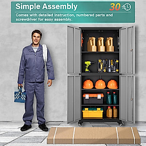 SISESOL Metal Storage Cabinet with Wheels,Rolling Garage Storage Cabinet with Lock,Gray Metal Cabinet with Shelves,Tool Cabinet,Tall Storage Cabinet on Wheels for Garage,Home,Office,Shop