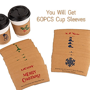 Whaline 60 Pack Christmas Coffee Cup Tea Cup Sleeves 6 Designs Kraft Paper Sleeves for 12 and 16oz Paper Cup Disposable Corrugated Cup Paper Jacket for Hot Chocolate Cocoa or Cold Beverage