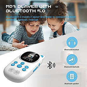 32GB MP3 Player for Kids, 90H Long Battery Life Kids Mp3 Player with Bluetooth 5.0, Oilsky Music Player with FM Radio, HD Speaker, Voice Recorder, Expandable up to 128GB, White & Blue