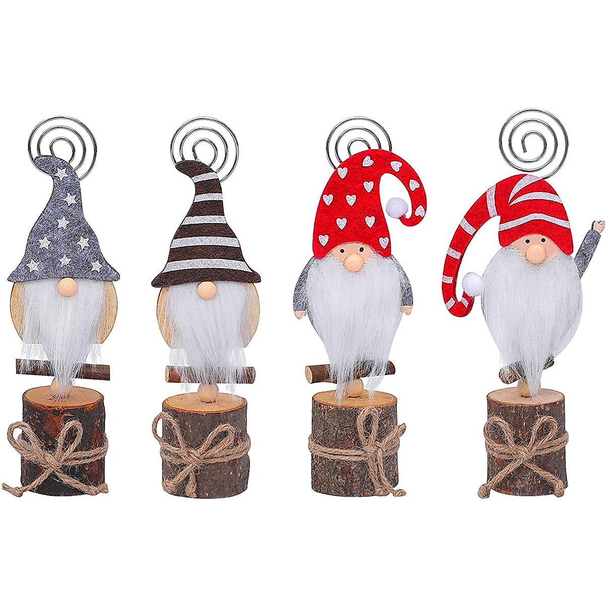 VAIIEYO 4Pcs Christmas Decoration Card Holders, Wooden Base Place Card Holders, Iron Wire Picture Picks Clip Holder Picture Memo Note Photo Clip for Xmas Party, Table Decoration, Wedding, Office