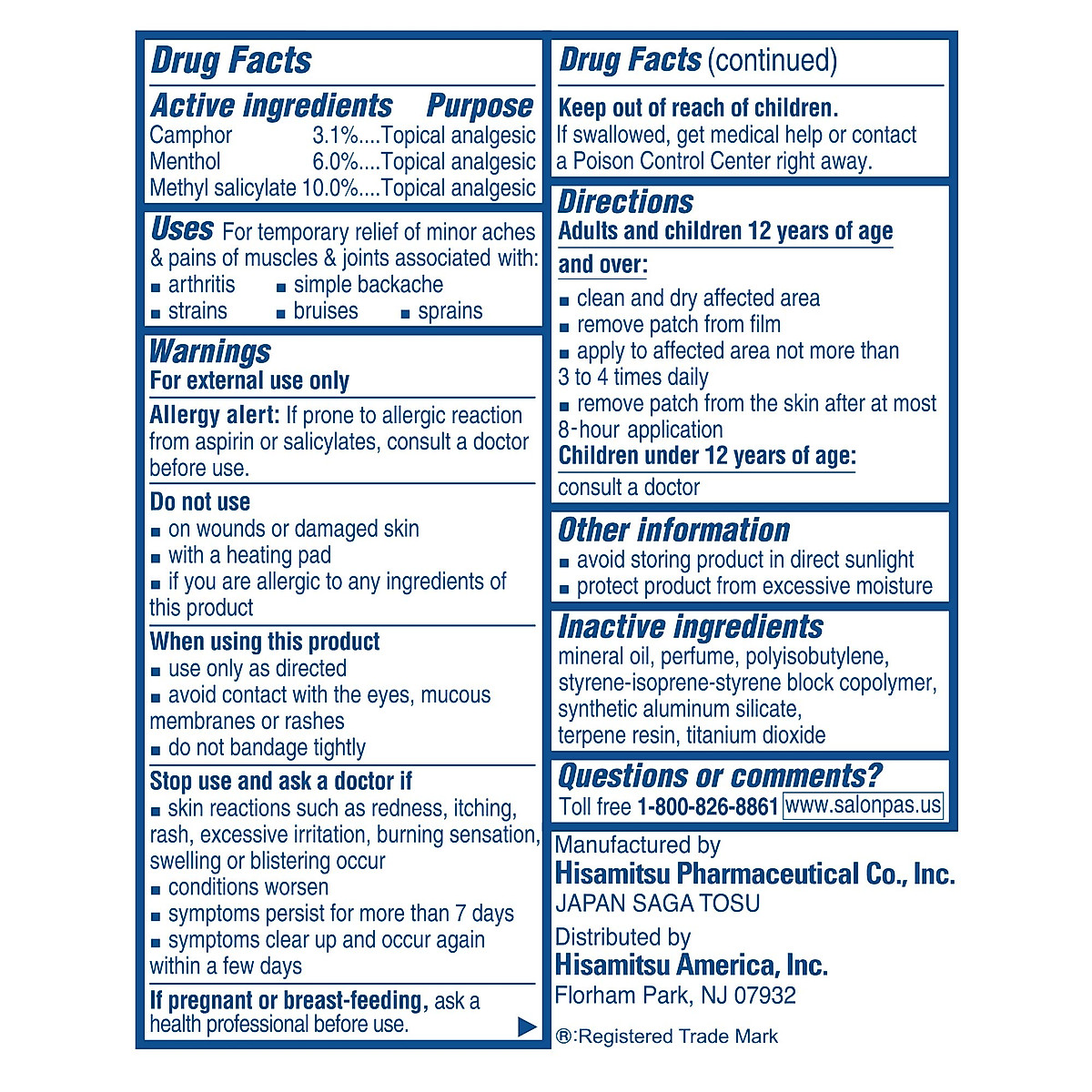 Salonpas Pain Relieving Patch, 20 Count, for Back, Neck, Shoulder, Knee Pain and Muscle Soreness, 8 Hour Pain Relief