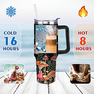 thmasamwr Mushroom Tumbler with Lid and Straw, Stainless Steel Mushroom 40oz Tumbler with Handle, Black Mushroom Travel Coffee Mug Mushroom Gifts Cups for Women and Men