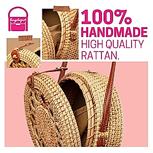BAGDEPOT Round Rattan Bag With Shoulder Leather Strap. Made from Natural Rattan (Sunrise)