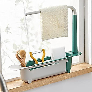Telescopic Sink Storage Rack Kitchen Rag Rack Shelf Organizer Dishwashing Hook Pull Drain Basket Under Sink Organizers (Green)