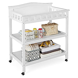 Costzon Baby Changing Table, Infant Diaper Changing Station w/Waterproof Changing Pad, Safety Strap, Storage Shelves, Mobile Nursery Organizer for Newborn, Portable Changing Table with Wheels (White)