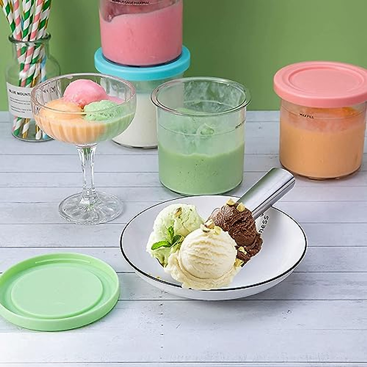 EVANEM 2/4/6PCS Creami Containers, for Ninja Creami Pints and Lids,16 OZ Ice Cream Storage Containers Safe and Leak Proof Compatible with NC299AMZ,NC300s Series Ice Cream Makers,Gray+Green-2PCS