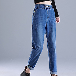 Maiyifu-GJ Women's Elastic Waist Cropped Jeans Casual Pull-on Baggy Denim Joggers Pants High Waist Boyfriend Slim Fit Jean (Blue,26)