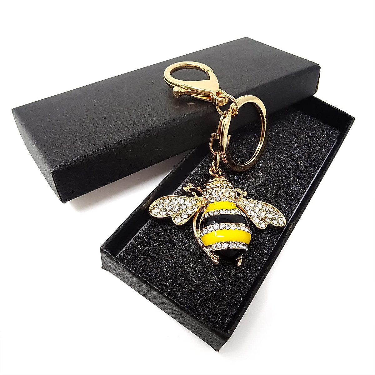 Honbay 1PCS Rhinestone Little Bee Keychain Bumble Bee Sparkling Keyring Animal Key Chain Decor in A Box for Bag Purse Wallet