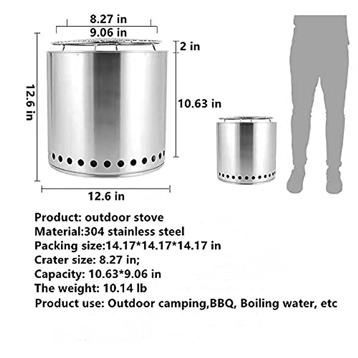 EMOT Stove Bonfire Fire Pit, Large 12.6 Inches Stainless Steel Outdoor Firepit, Smokeless, Portable Yard Natural Wood Burning Stove, No Gas Fuel Required(Give Away BBQ net and Pan Rack)