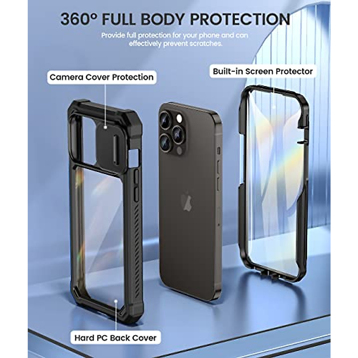 Caka for iPhone 14 Pro Max Case, iPhone 14 Pro Max Case with Slide Camera Cover & Built-in Screen Protector Heavy Duty Shockproof Phone Case Cover for iPhone 14 Pro Max 6.7 inch, Black