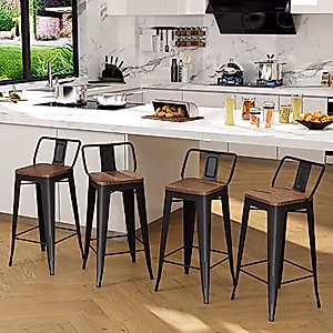 Andeworld Metal Bar Stools Set of 4 Kitchen Counter Stools Bristro Barstools Industrial Bar Stools (26 Inch, Black with Wooden Seats)