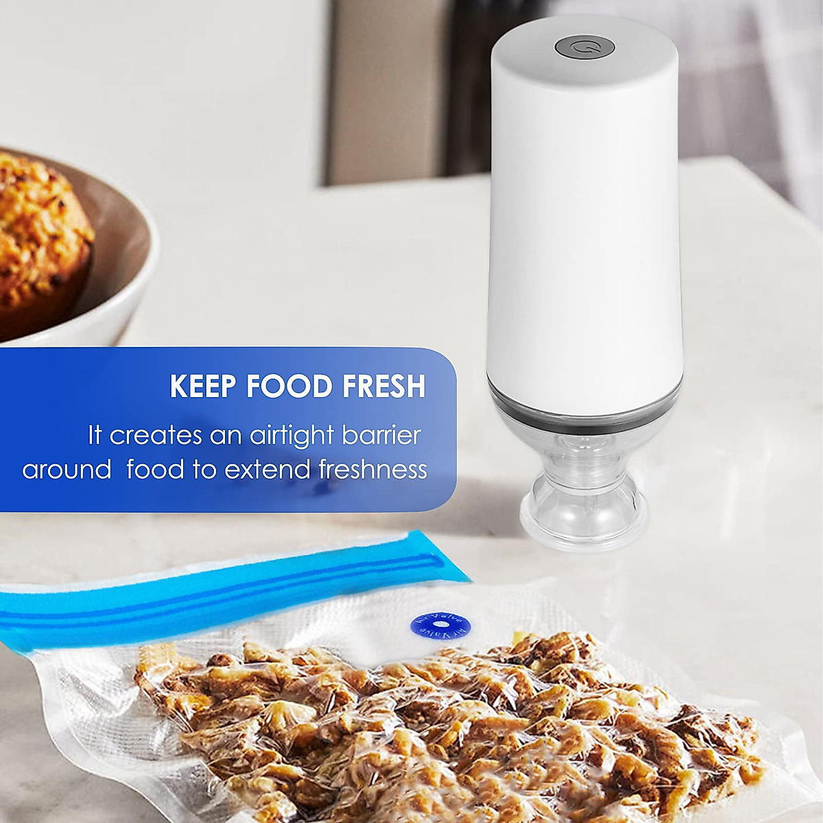 VICARKO Vacuum Food Sealer, Save Sealer, USB Rechargeable Handheld Pump, for Sous Vide and Food Storage, with 5 Reusable Zipper Vacuum Bags, Compatible with Anova Joule Sous Vide Machine