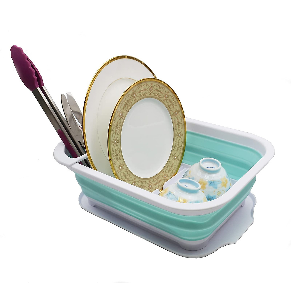 SAMMART 7.5L (2 Gallon) Collapsible Dish Drainer with Drainer Board - Foldable Drying Rack Set - Portable Dinnerware Organizer - Space Saving Kitchen Storage Tray (White/Lake Green, 1)