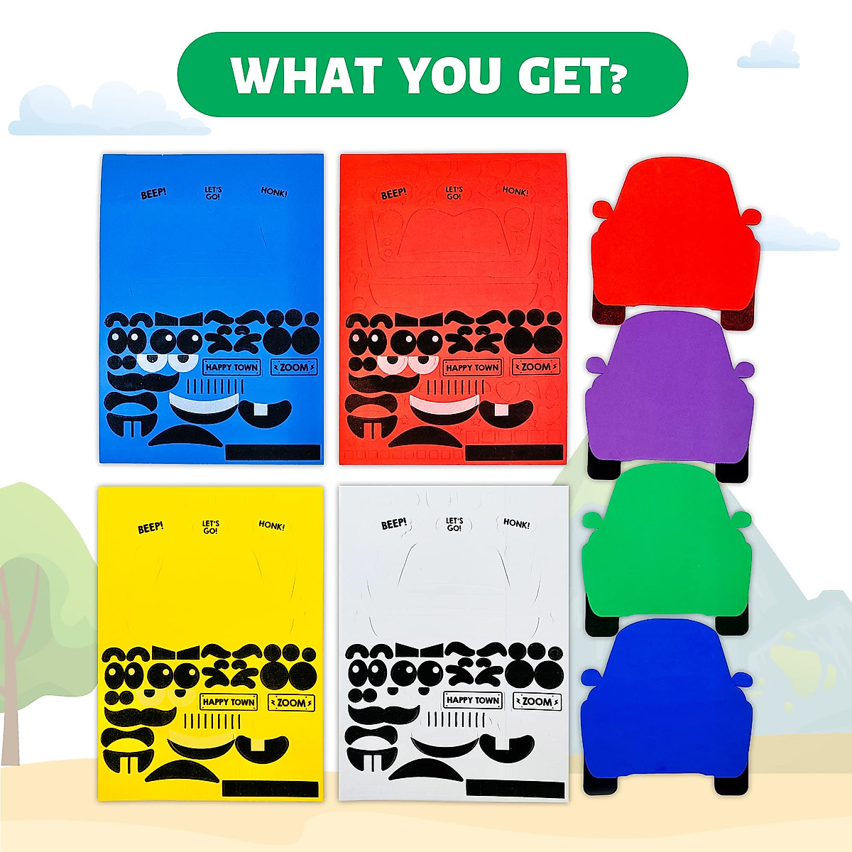 VKPI 4 Pieces EVA Foam Art Crafts Gift Kit, Creative Make Your Own Cars, Cartoon Foam Paper Craft Projects for Kids Ages 4+ Toddler, Preschool Learning Toy for Birthday Party Favor Supplies