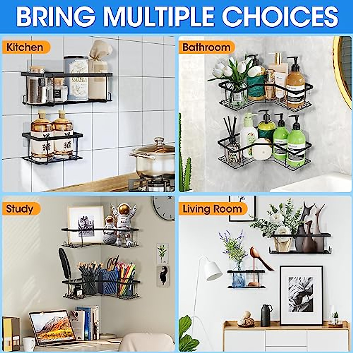 Corner Shower Caddy, 5 Pack Adhesive Organizer Stainless Steel Bathroom Shelves with Holder & 14 Hooks No Drilling Wall Mounted Storage Rack Shelf for Inside Shower, Black