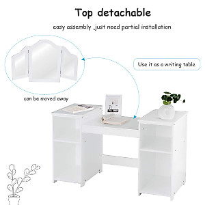 GOFLAME Kids Vanity Table, 2 in 1 Detachable Design with Dressing Table and Writing Desk, Princess Makeup Dressing Table with 4 Large Storage Shelves and 3-Panel Mirror for Kids and Girls (White)