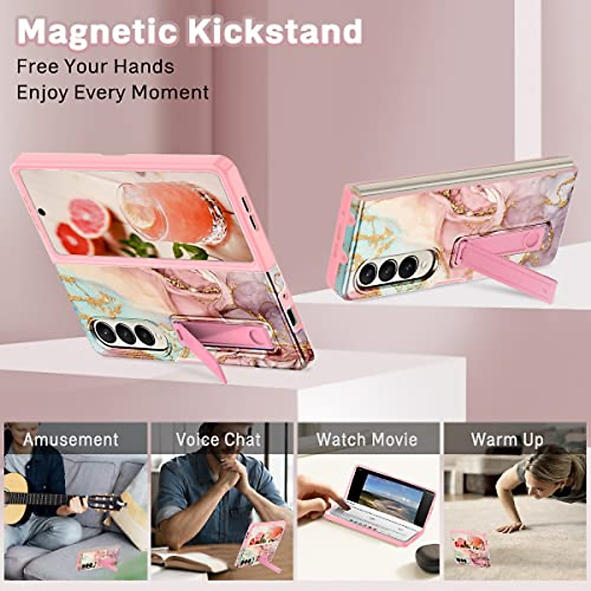 Btscase for Samsung Galaxy Z Fold 4 Case, Built-in Screen Protector with Adjustable Magnetic Kickstand, Full Body Dual Layer Rugged Shockproof Protective Cover for Galaxy Z Fold 4 5G, Rose Gold