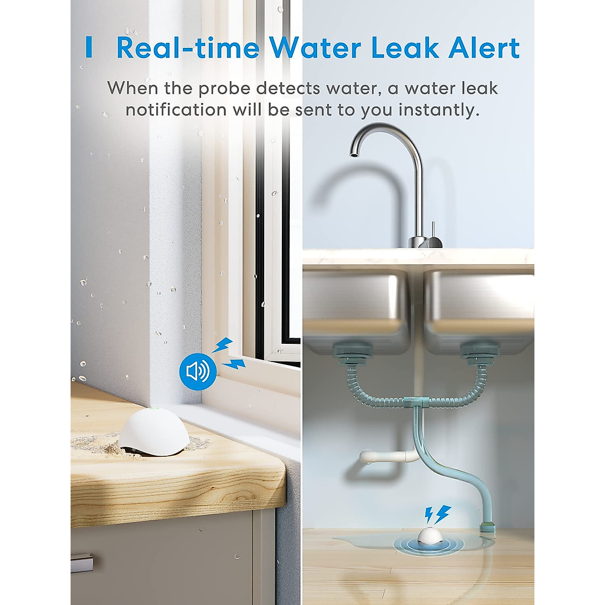 meross Smart Water Leak Detector, WiFi Water Sensor Support Apple HomeKit, SmartThings, IP67 Waterproof with App Alerts, Audio Alarm, 100M Range for Home Basement Kitchen (Meross Hub Included)