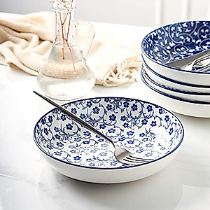 Selamica Porcelain Salad Pasta Bowls, Serving bowls, Microwave & Dishwasher Safe, Sturdy & Stackable - 26 Ounce, Set of 6, Vintage Blue