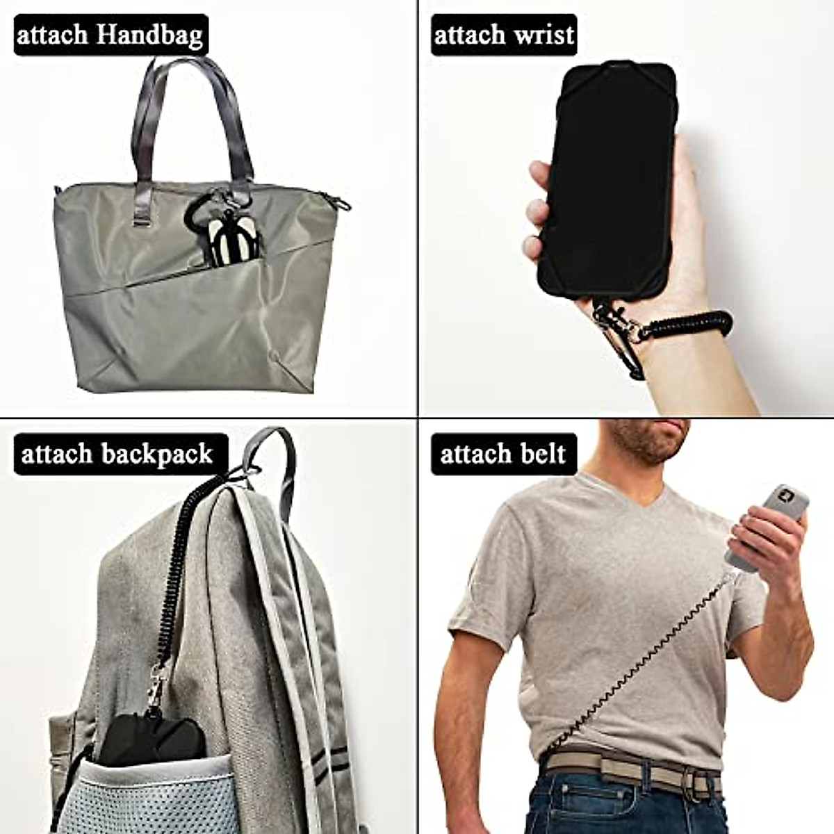 Phone Tether with 2 Patch and Silicone Phone Holder,2 in 1 iPhone Lanyard Tether with Carabiner Clip for Anti-Drop,Fits Most Cell Phones (Black)