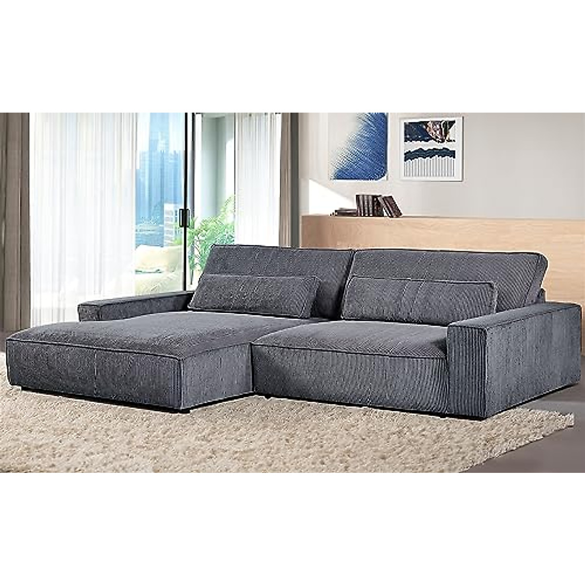 Container Furniture Direct Luxe Oversized Two-Piece Sectional Couches for Living Room, L Shaped Sofa with Chaise, Upholstered with Corduroy Fabric, Dark Grey - Left Facing