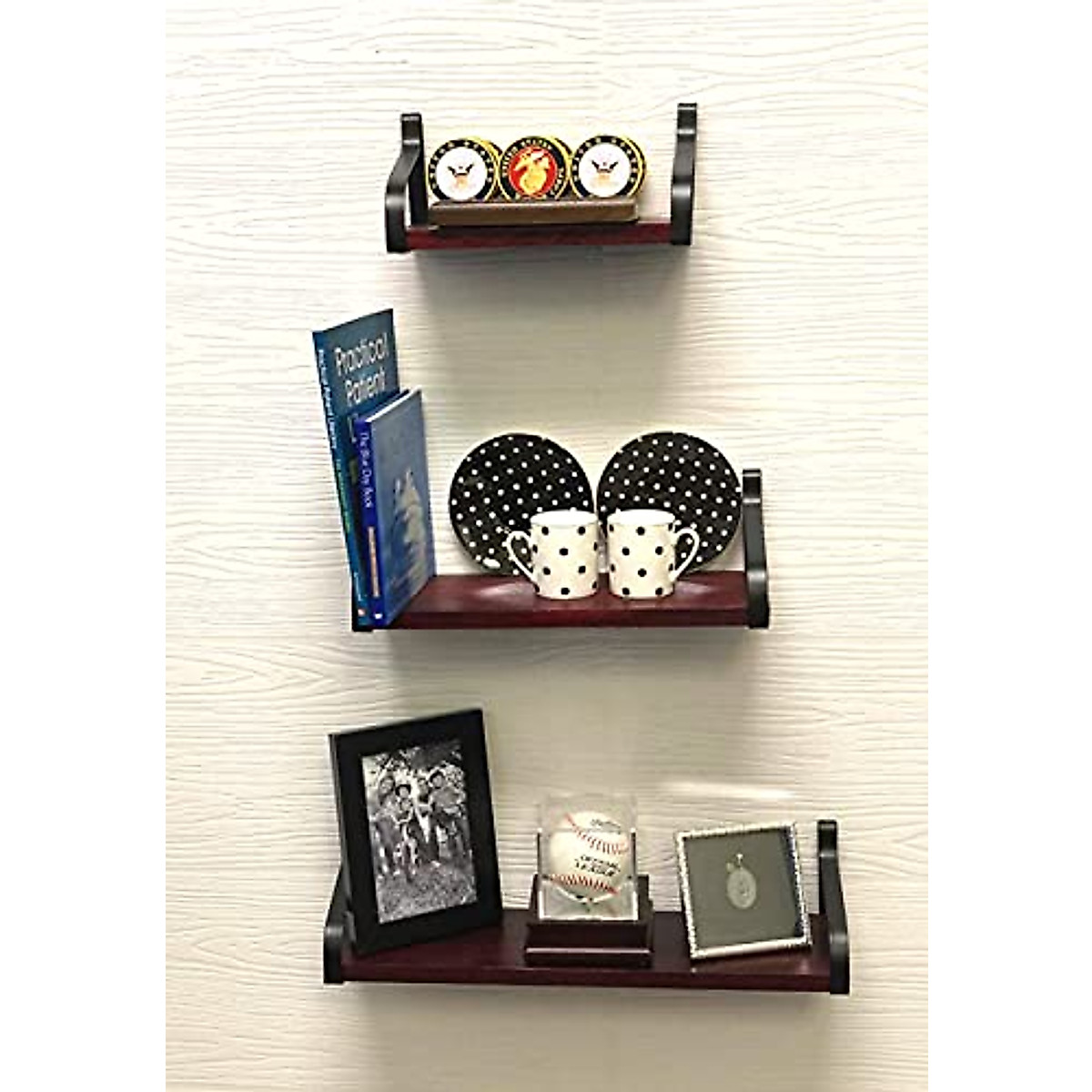 DECOMIL Floating Shelves Wall Mounted, Rustic Wood Wall Storage Shelves Set of 3 for Any Wall Space for Living Room, Bathroom, Bedroom, Kitchen, Garage, and Office (Cherry)