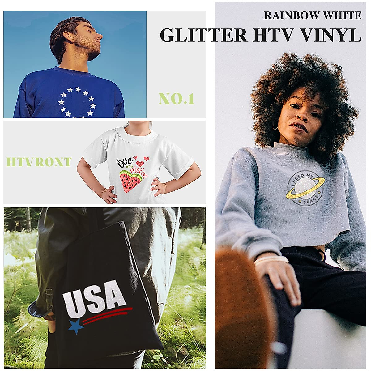 HTVRONT Rainbow White Glitter HTV Vinyl Roll-12" x 6 FT White Glitter Heat Transfer Vinyl Bundle, White Glitter Iron on Vinyl for Cricut & Silhouette Cameo