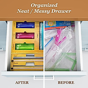 Home Deko BayMax Bamboo 3 in 1 Ziplock Bag Foil and Plastic Wrap Organizer with Cutter for Kitchen Drawer Countertop- Giant Aluminum Saran Dispenser, Large Gallon Snack Bags Storage, Tin Holder