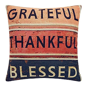 Acelive18 X 18 Inches Cotton Linen Grateful Thankful Blessed Decorative Throw Cushion Cover Invisible Zipper Pillow Covers for Living Room for Sofa Couch Home Office Indoor Decorative Square