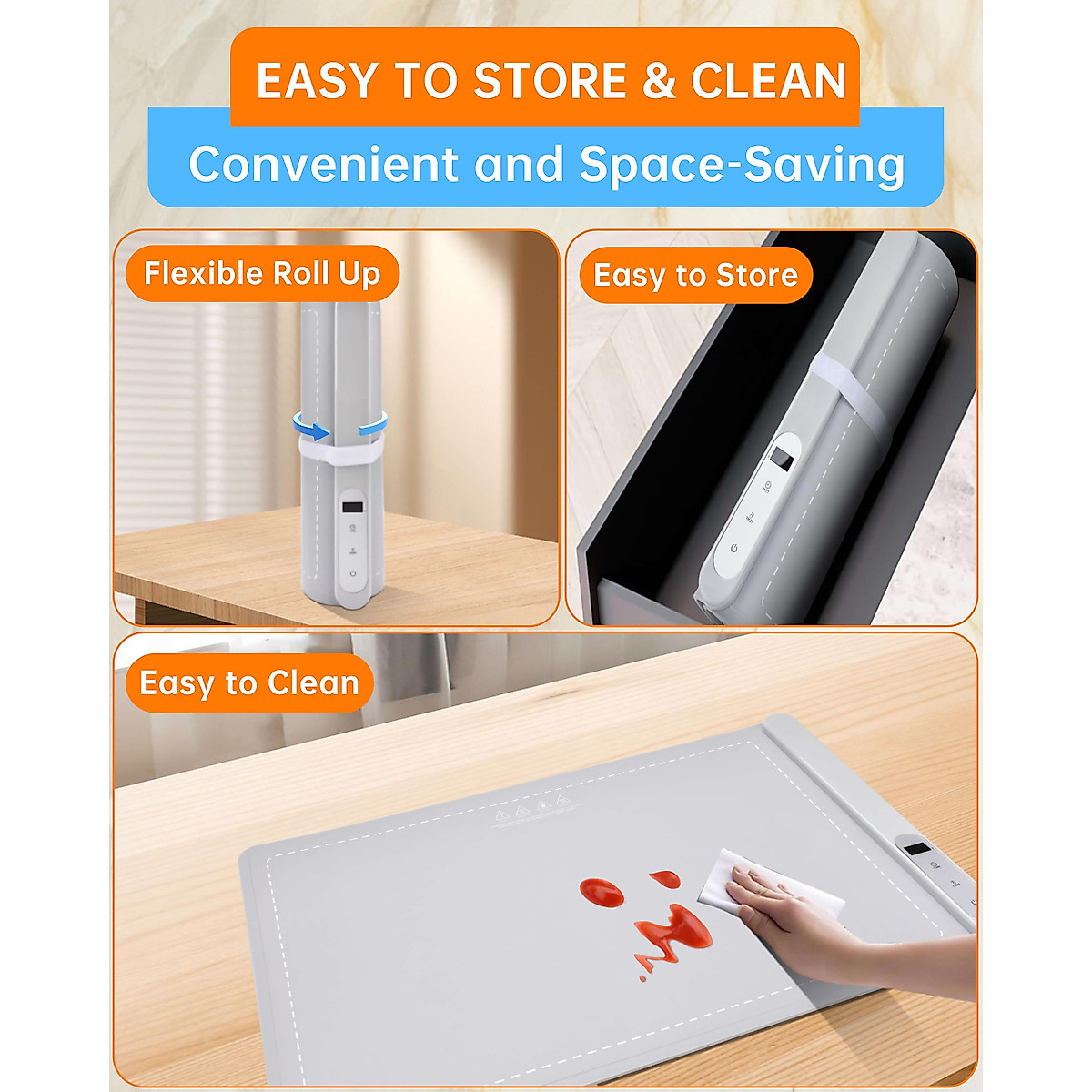 Electric Warming Tray, Food Warming Mat - Graphene Full Surface Heating Silicone Heating Tray, 6 Temperature Settings, Auto Shut-Off, Rollable & Portable Food Warmer for Buffets Party, Everyday Use