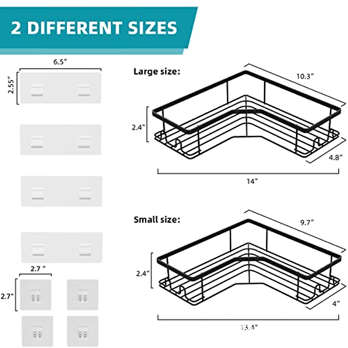 ELYJHYY 2 Pack Wall-Mounted Shower Caddy Corner with Hooks Adhesive Corner Shower Shelf for Inside Shower Basket Rack Storage Stainless Steel Shower Shelf for Bathroom Dorm and Kitchen (Black)