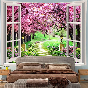 Japanese Cherry Blossom Window Tapestry Tree Forest Path Pink Flowers Window Tapestry Botanical Floral Natural Landscape Aesthetic Tapestry for Living Room Bedroom Nursery Home Decor 60x40Inches
