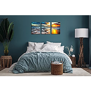 Canvas Wall Art Beach Sunset Ocean Waves Nature Pictures HD Prints 3 Pieces Stretched Canvas Wooden Framed Artwork for living Room Bedroom and Office living Room Wall Decor Size:12"x16"x3