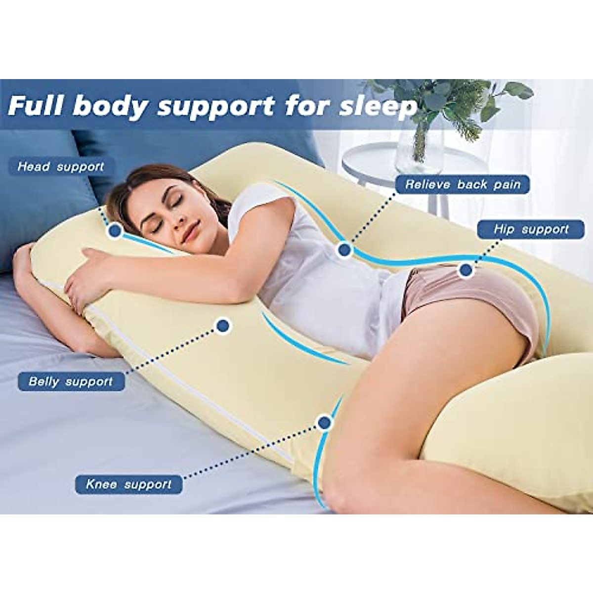 AngQi Pregnant Pillows for Sleeping, Pregnancy Belly Pillow with Cooling Cotton Cover - Support for Back, Hips, Legs, Belly for Pregnant Women Sleeping - Yellow Cream