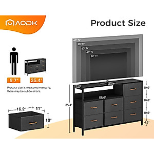 AODK Dresser with LED Lights and Charging Station, 52-Inch Long Dresser for Bedoom with 7 Large Storage Drawers, Fabric Dresser TV Stand with Open Shelves, Dark Grey