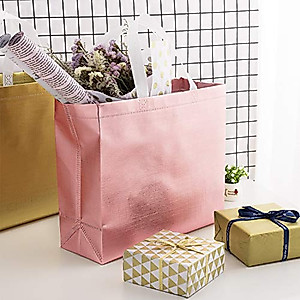 Whaline Set of 12 Glossy Reusable Grocery Bag, Tote Bag with Handle, Non-woven Stylish Gift Bag, Goodies Bag, Shopping Promotional Bag, for Holiday Party,Event,Birthday (Rose gold, Gold, Silver)